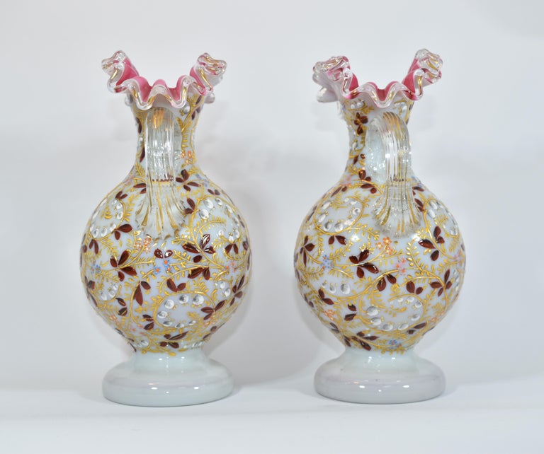 Antique Pair of Opaline Overlay Enamelled Glass Vases, Moser, 19th ...