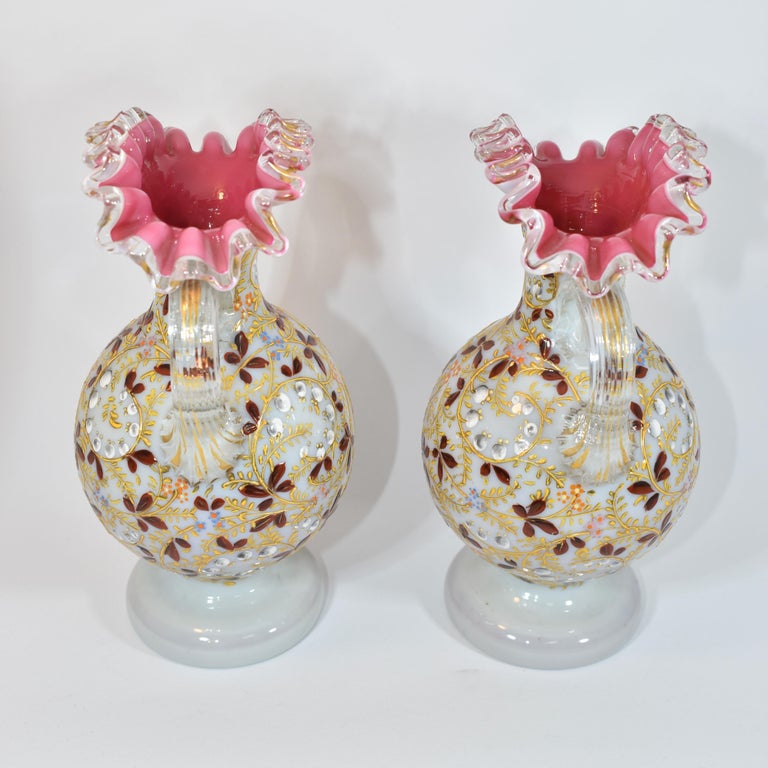 Antique Pair of Opaline Overlay Enamelled Glass Vases, Moser, 19th ...