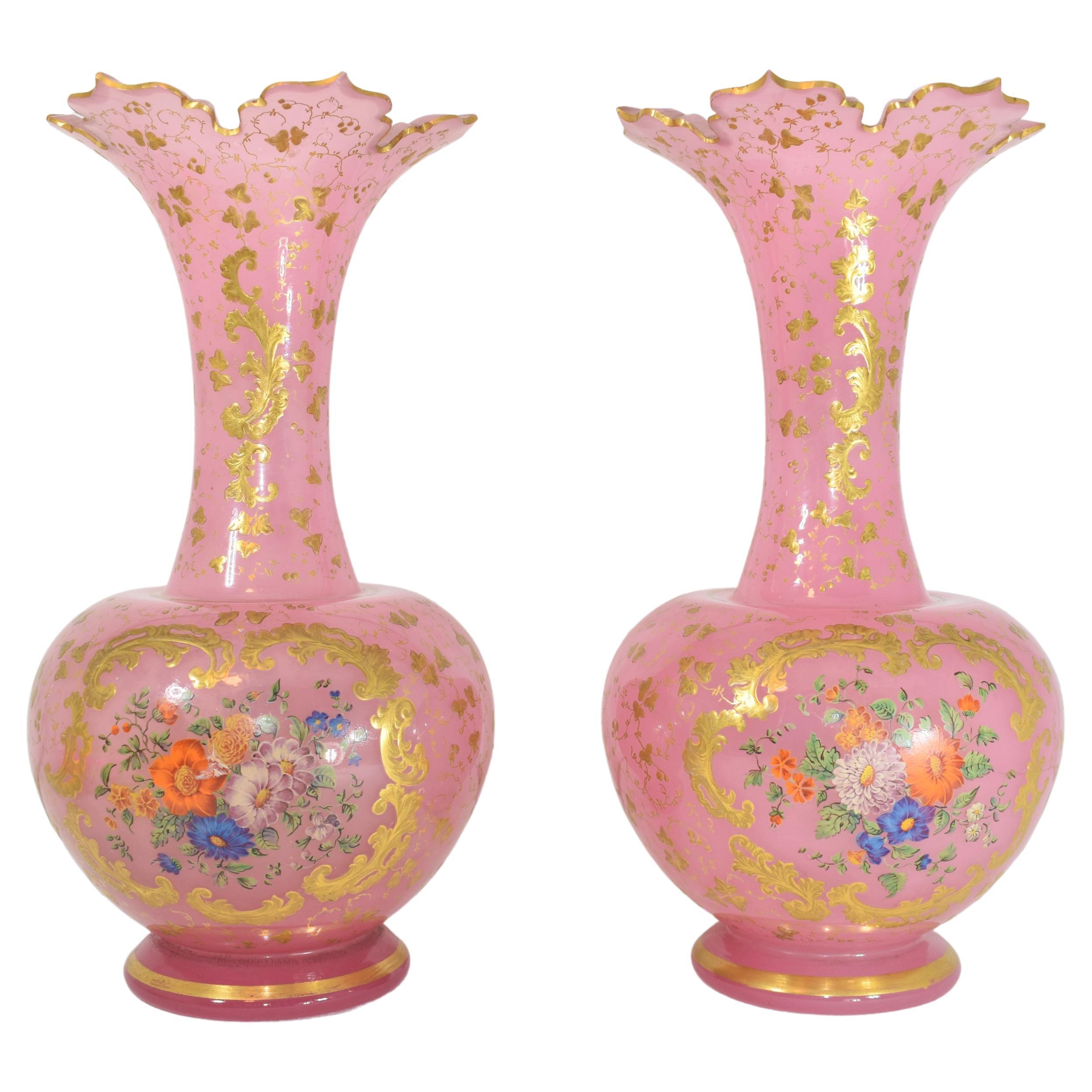Antique Pair of Pink Bohemian Opaline Enamelled Glass Vases, 19th ...