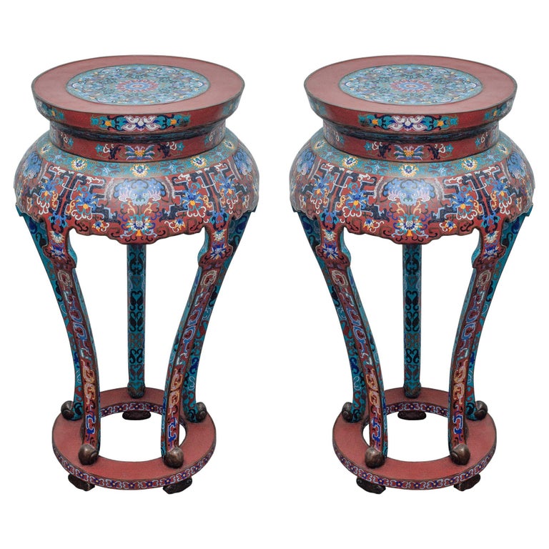 Antique Pair of Red, Blue and Multicoloured Cloisonné Tables For Sale ...