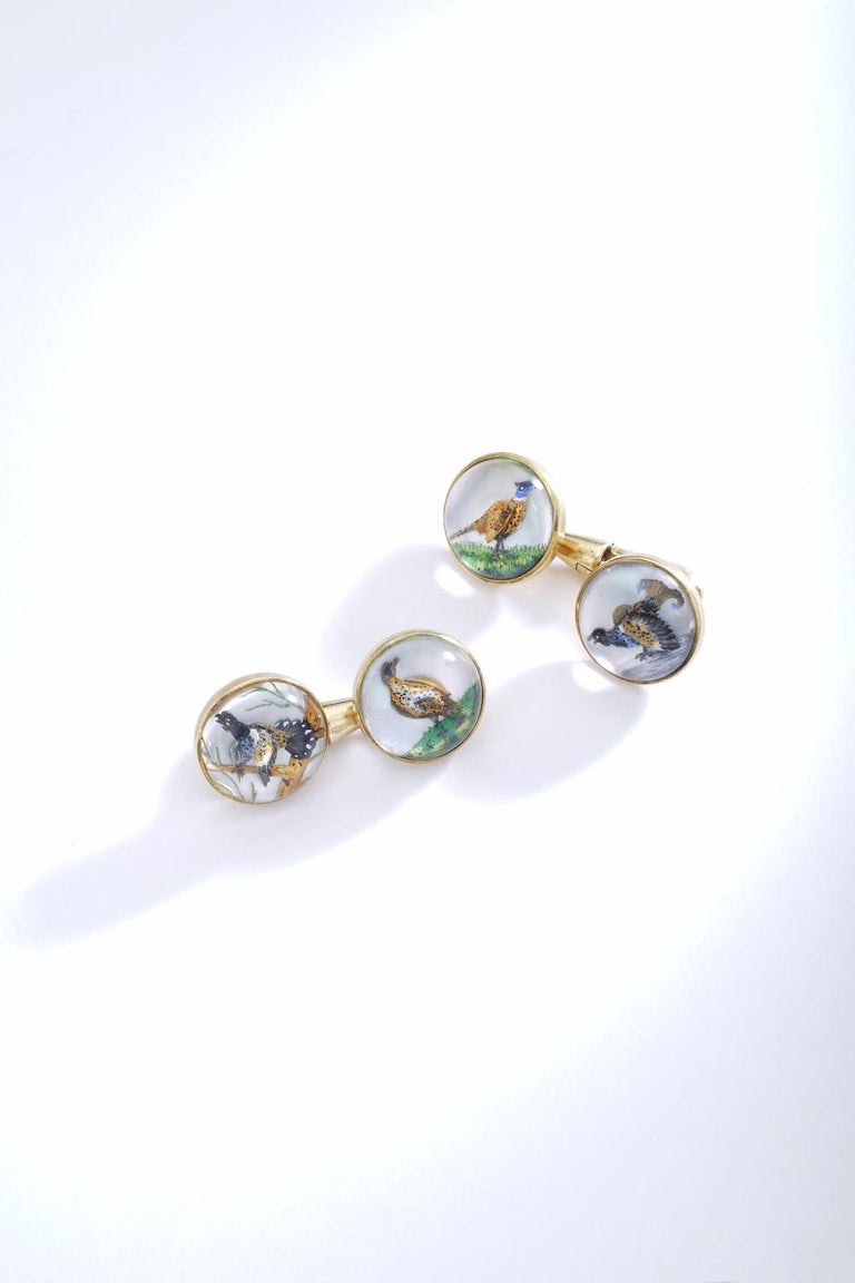 Antique Pair of Rock Crystal Gold Hunting Motifs Cufflinks For Sale at ...