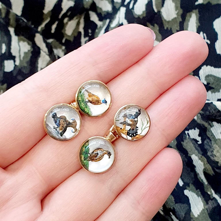 Antique Pair of Rock Crystal Gold Hunting Motifs Cufflinks For Sale ...