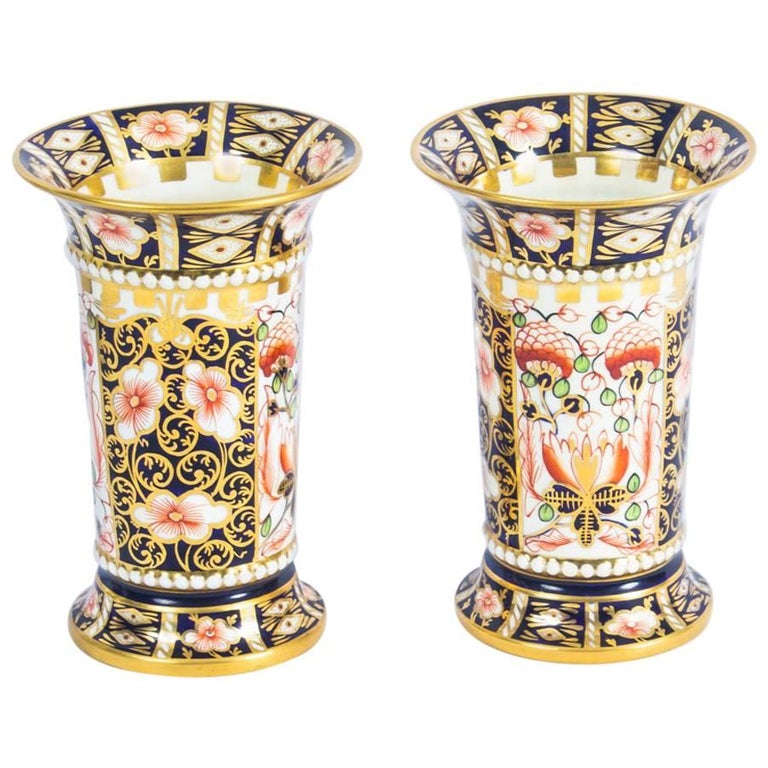 Antique Pair of Royal Crown Derby Imari Trumpet Shaped Spill Vases ...