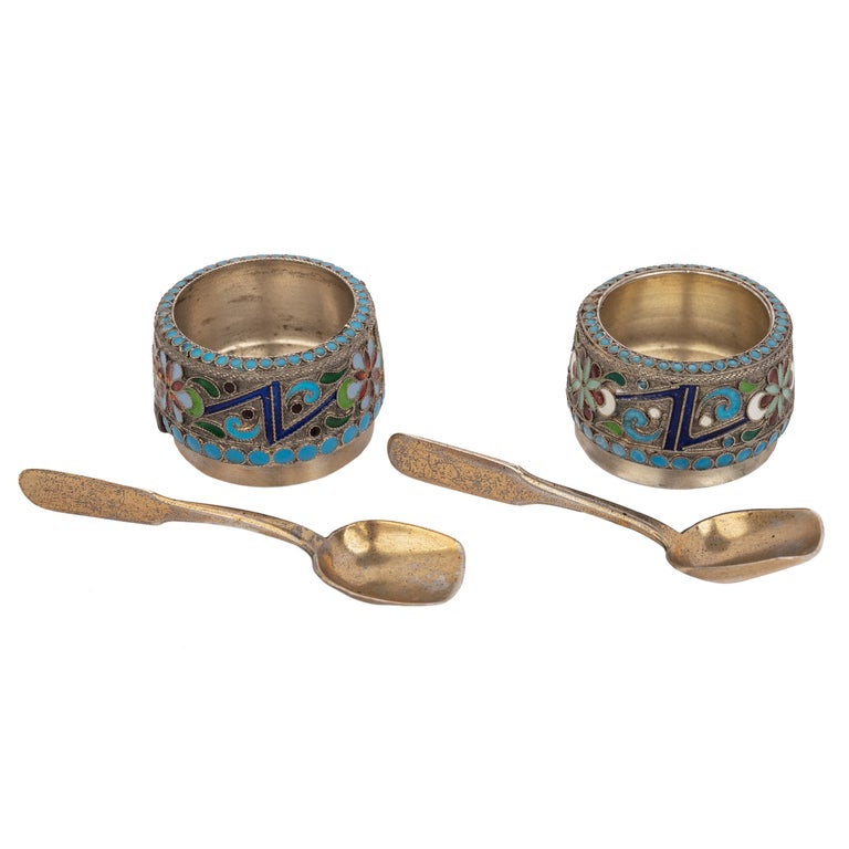 Antique Pair of Russian Silver Gilt Enamel Cloisonné Salts Spoons St ...