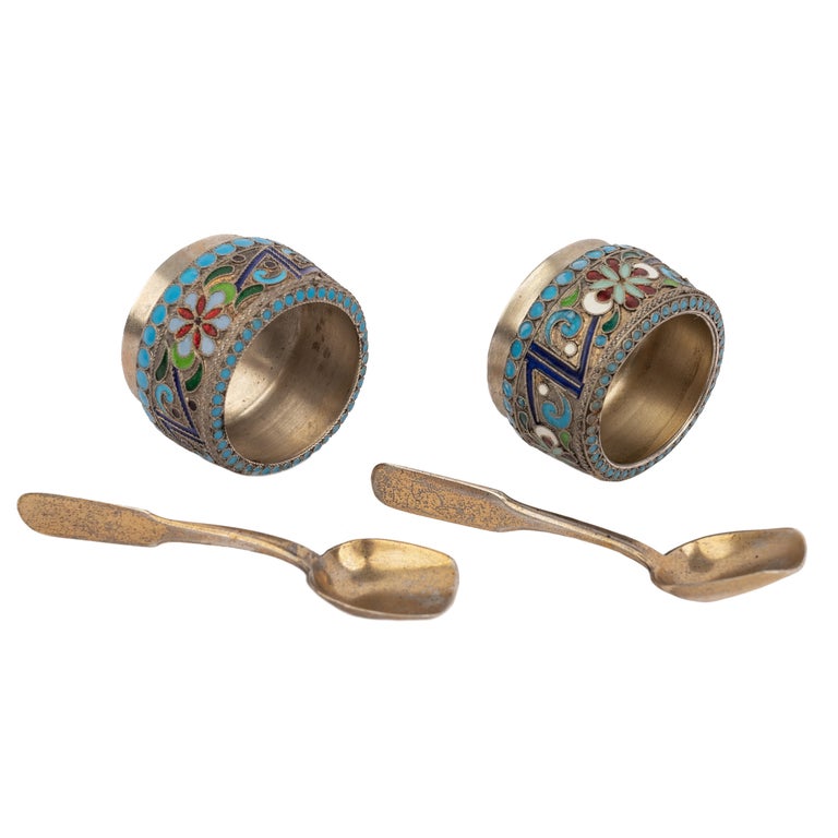 Antique Pair of Russian Silver Gilt Enamel Cloisonné Salts Spoons St ...