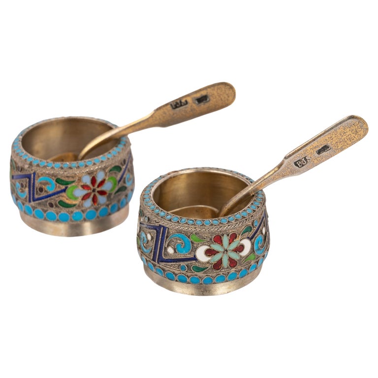 Antique Pair of Russian Silver Gilt Enamel Cloisonné Salts Spoons St ...