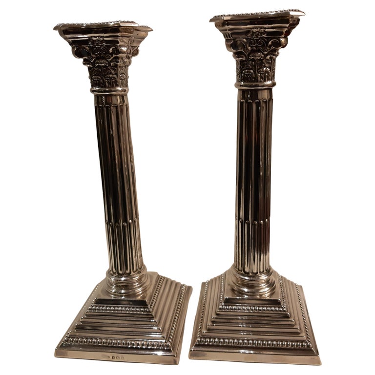 Antique Pair of Silver Column Candlesticks, Birmingham, 1906 For Sale ...