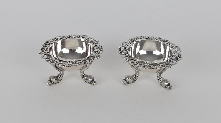 Antique Pair of Silver Salt Cellars on Dolphin Feet at 1stDibs