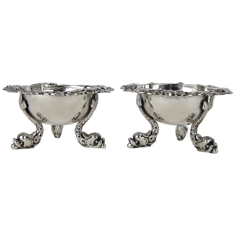 Antique Pair of Silver Salt Cellars on Dolphin Feet at 1stDibs