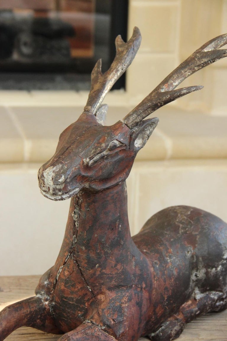 Antique Pair of Solid Wood Deer Statues For Sale at 1stDibs