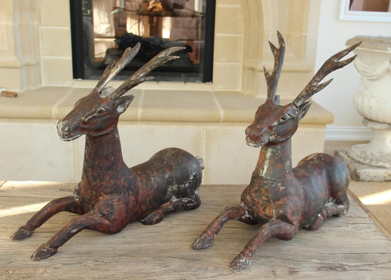 Antique Pair of Solid Wood Deer Statues For Sale at 1stDibs