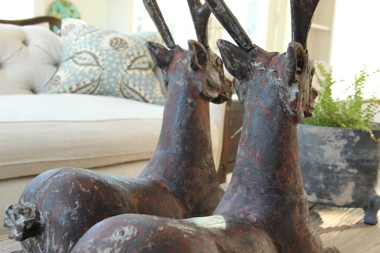 Antique Pair of Solid Wood Deer Statues For Sale at 1stDibs