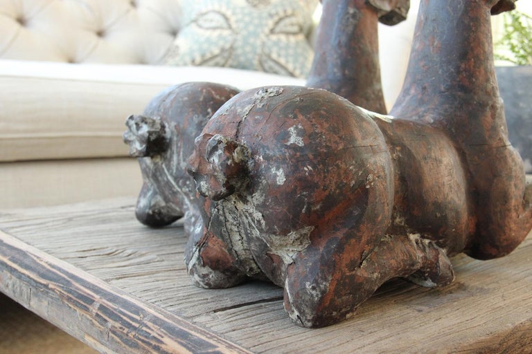 Antique Pair of Solid Wood Deer Statues For Sale at 1stDibs