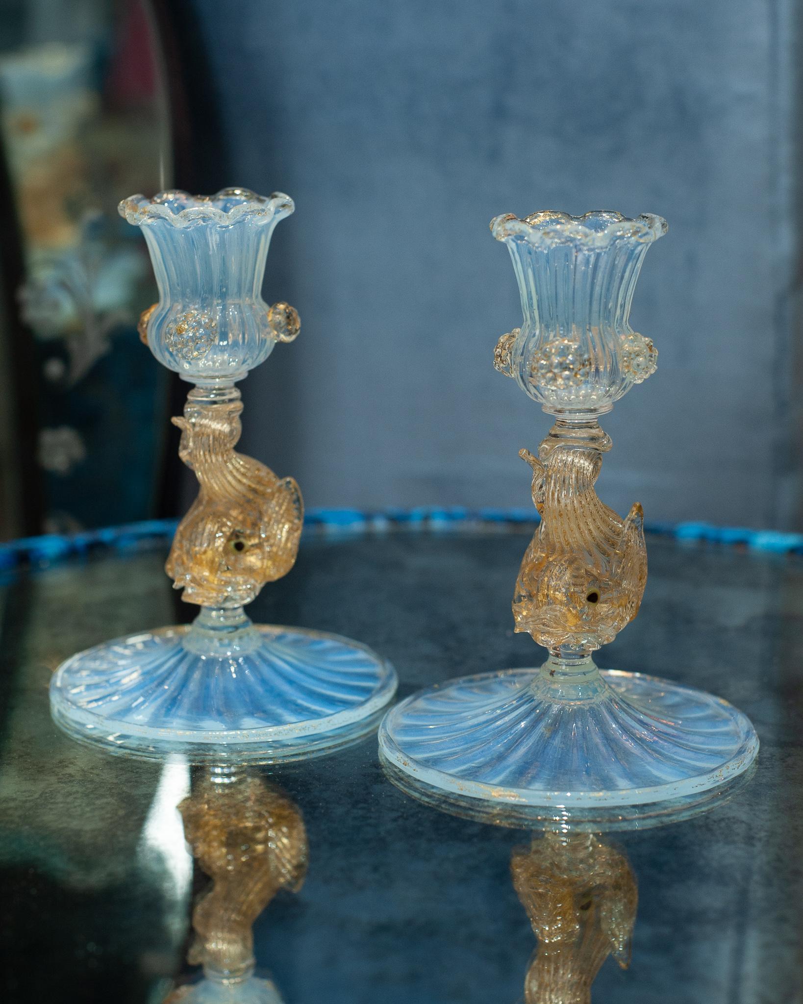 Antique Pair of Venetian Opalescent Glass Candlesticks For Sale at 1stDibs