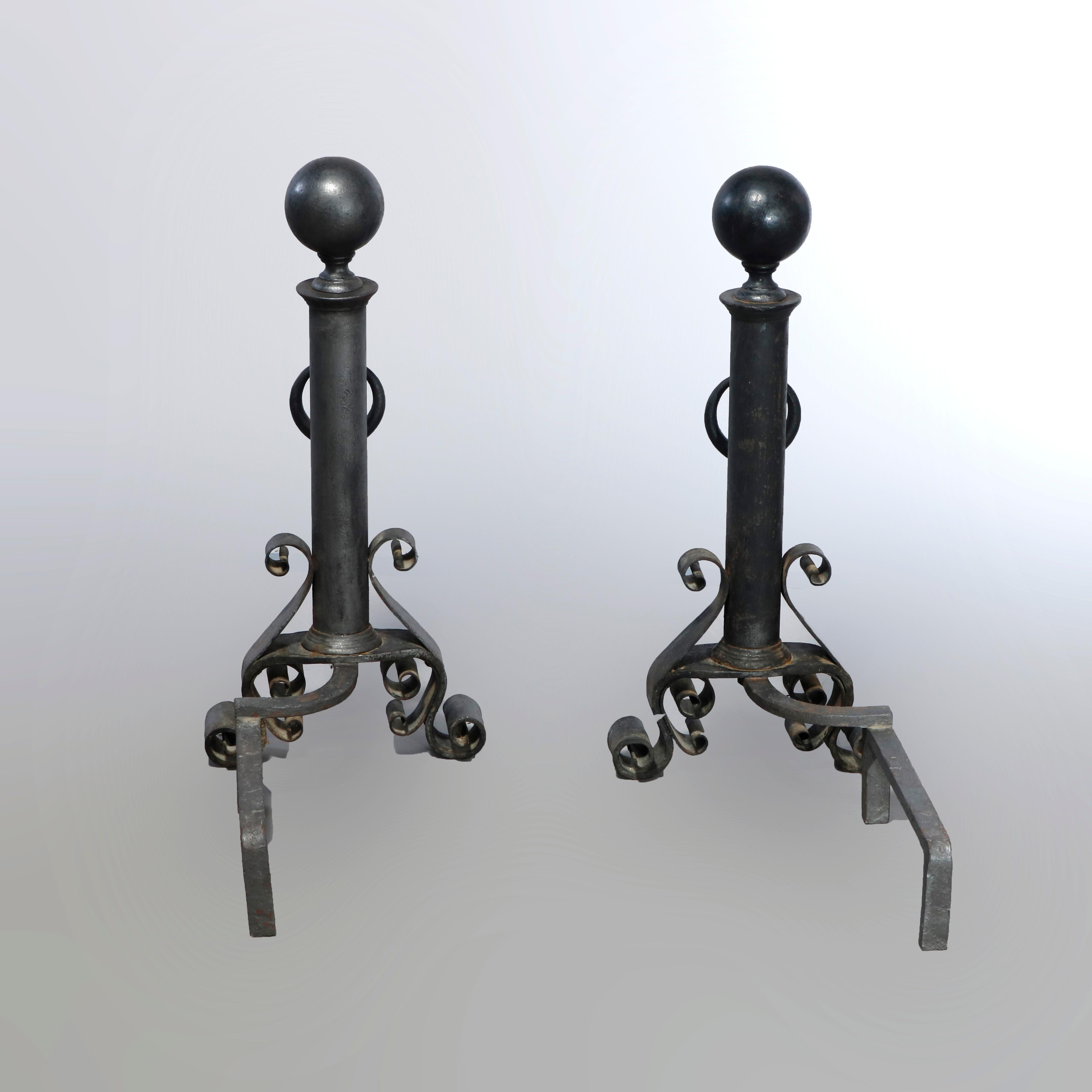 Antique Pair Oversized Arts and Crafts Wrought Iron Andirons, Circa ...