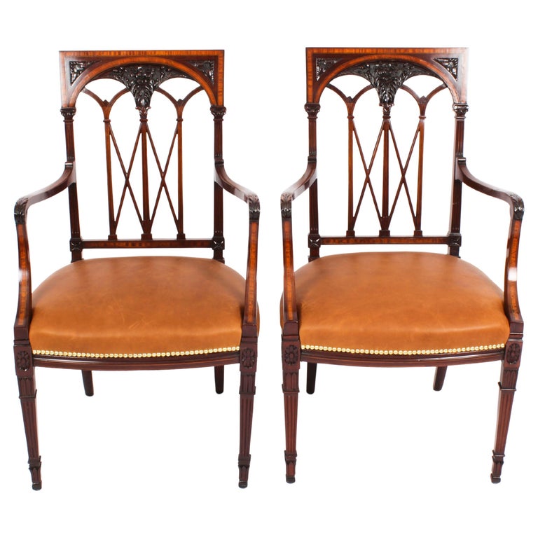 Antique Pair Sheraton Revival Satinwood Banded Arm Chairs, 19th Century ...