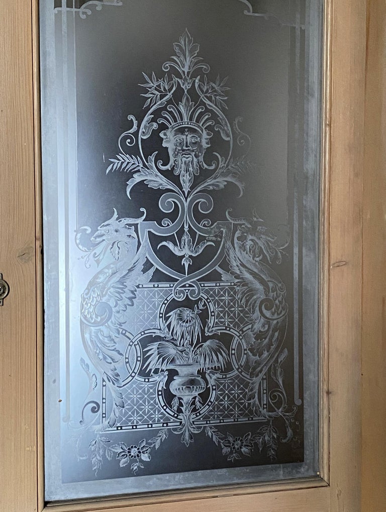 Antique Pair Tall French Figural Etched Glass Design Doors For Sale at 1stDibs