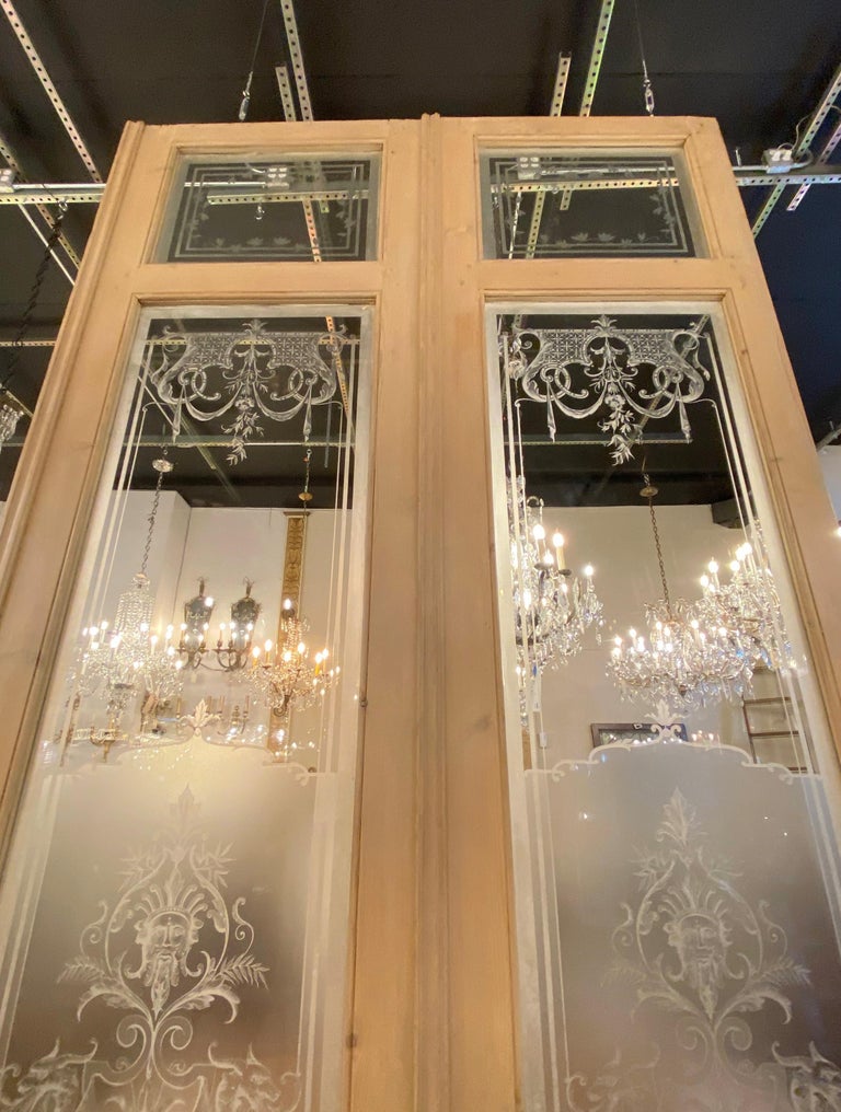 Antique Pair Tall French Figural Etched Glass Design Doors For Sale at ...