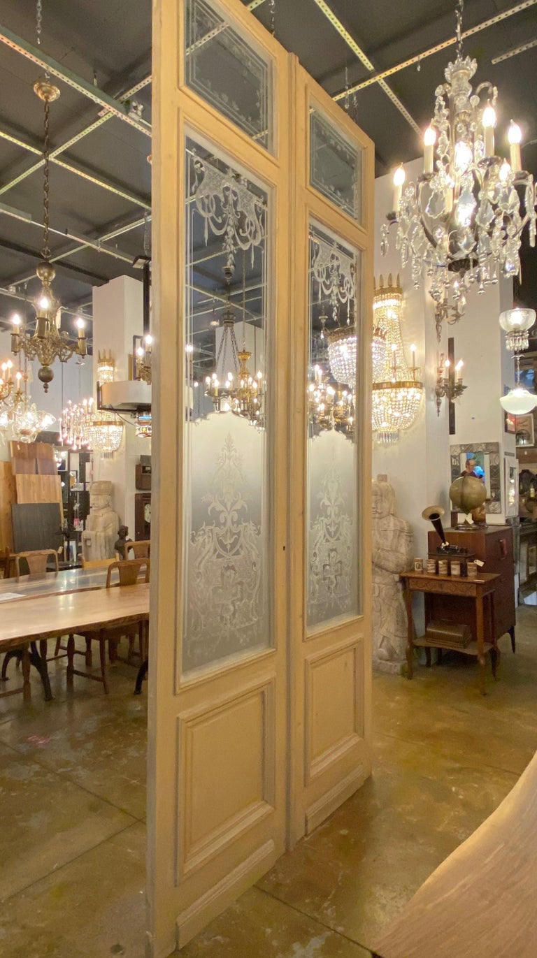 Antique Pair Tall French Figural Etched Glass Design Doors For Sale at ...