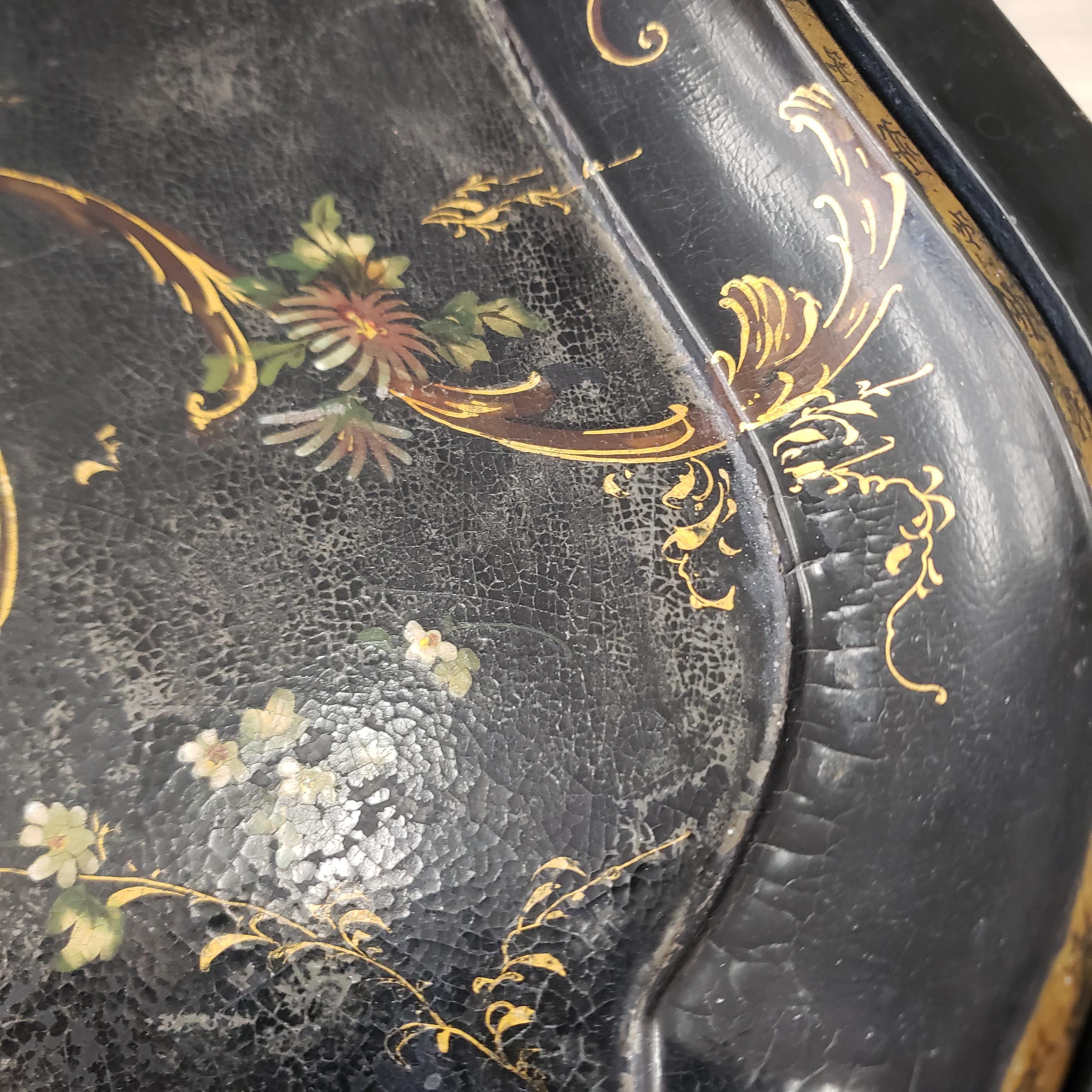 Antique Paper Mache Tray on Wood Stand Side Table with Gilt and Floral ...