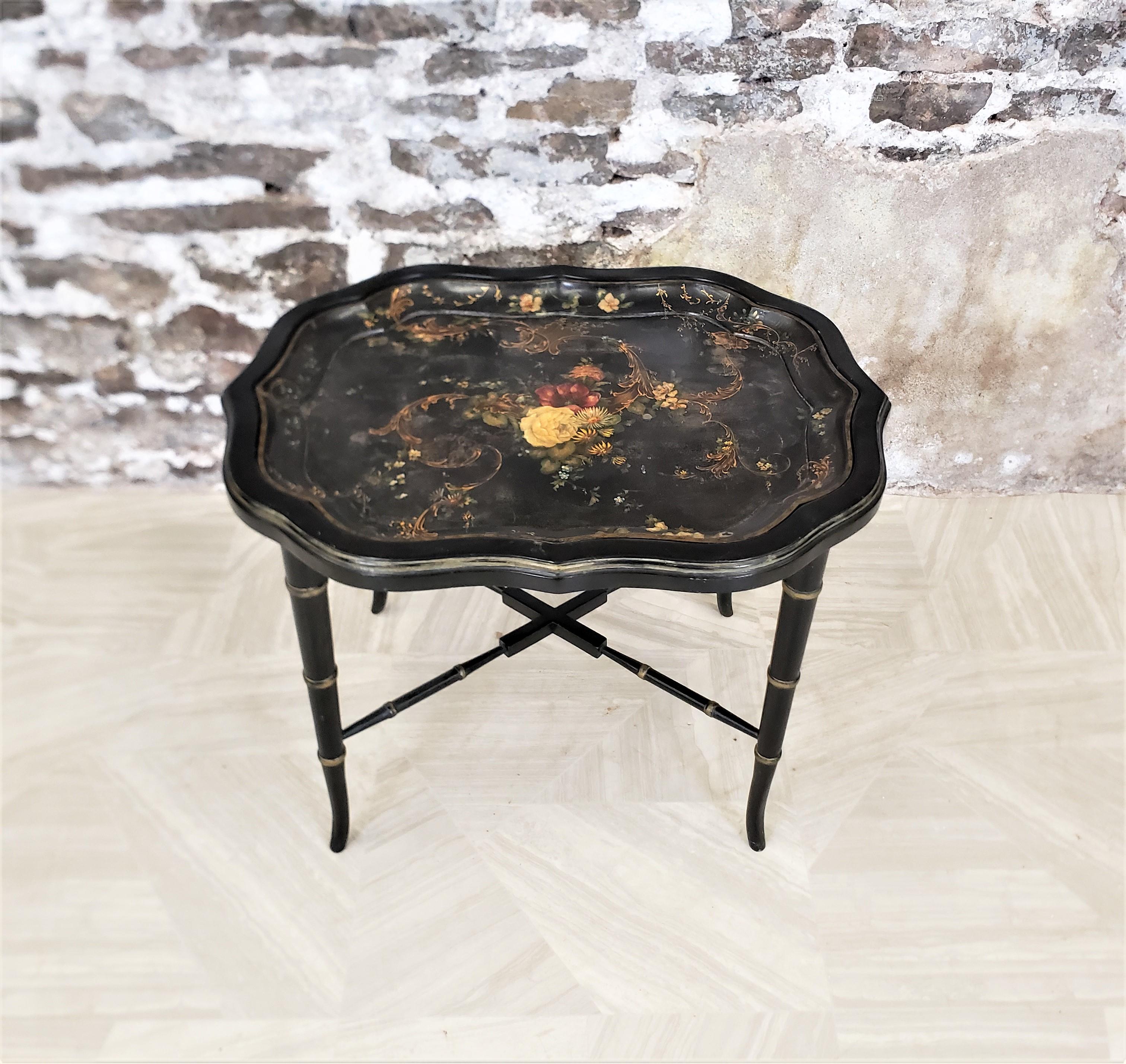 Antique Paper Mache Tray on Wood Stand Side Table with Gilt and Floral ...