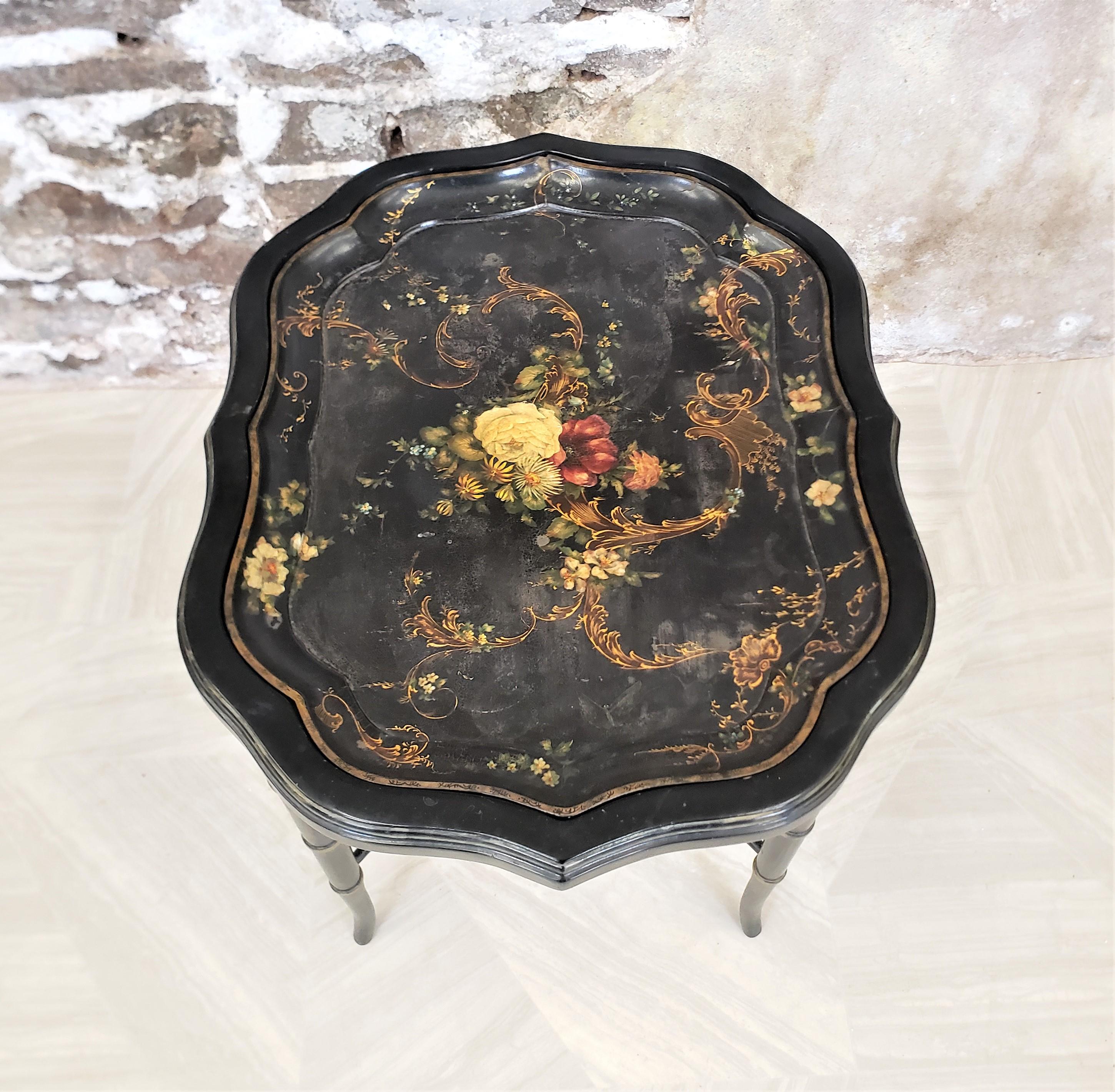 Antique Paper Mache Tray on Wood Stand Side Table with Gilt and Floral ...