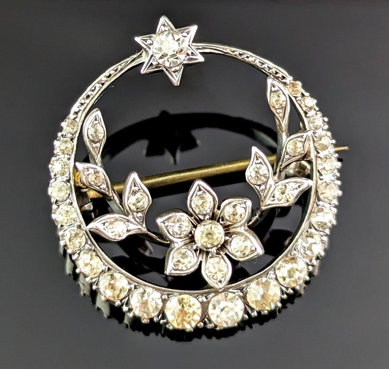 Antique Paste Crescent Brooch, Star, Floral, 900 Silver For Sale at 1stDibs