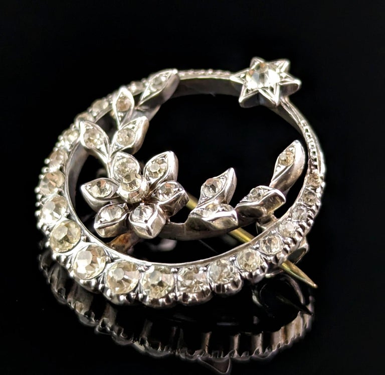 Antique Paste Crescent Brooch, Star, Floral, 900 Silver For Sale at 1stDibs