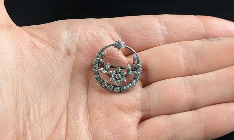 Antique Paste Crescent Brooch, Star, Floral, 900 Silver For Sale at 1stDibs
