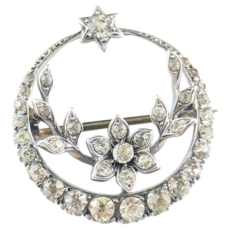 Antique Paste Crescent Brooch, Star, Floral, 900 Silver For Sale at 1stDibs