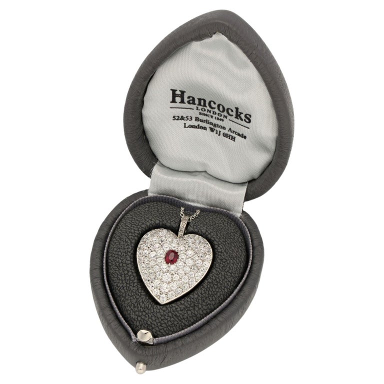 Antique Pavé Diamond And Ruby Heart Pendant/ Brooch On Platinum Chain ...