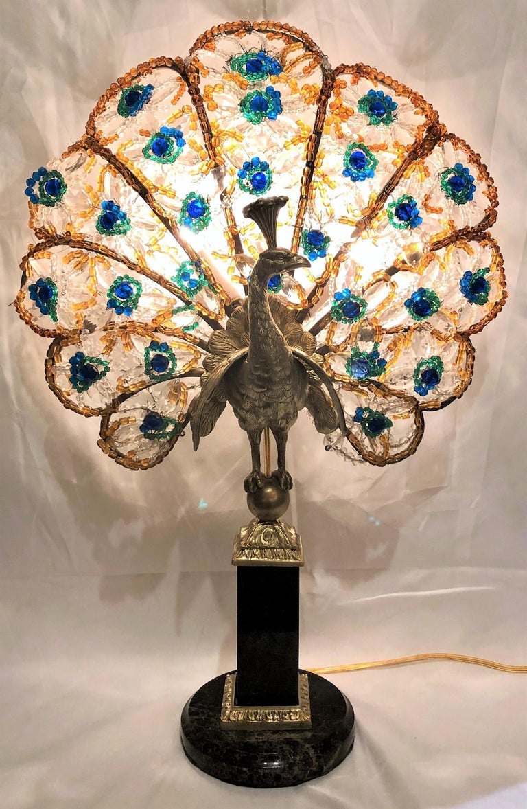 Antique Peacock Lamp with Bronze Mounts on a Marble Stand at 1stDibs