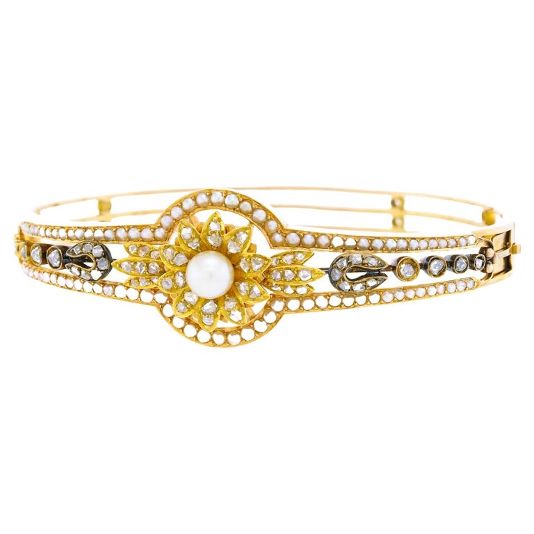 Antique Pearl and Diamond Bangle Bracelet For Sale at 1stDibs