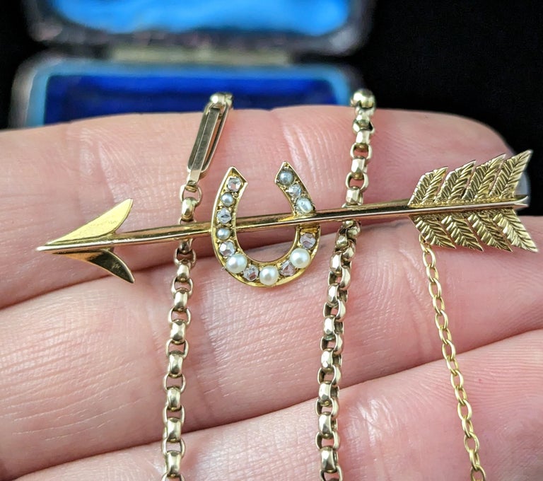 Antique Pearl and Diamond Horseshoe and Arrow Brooch, 15k Yellow Gold ...
