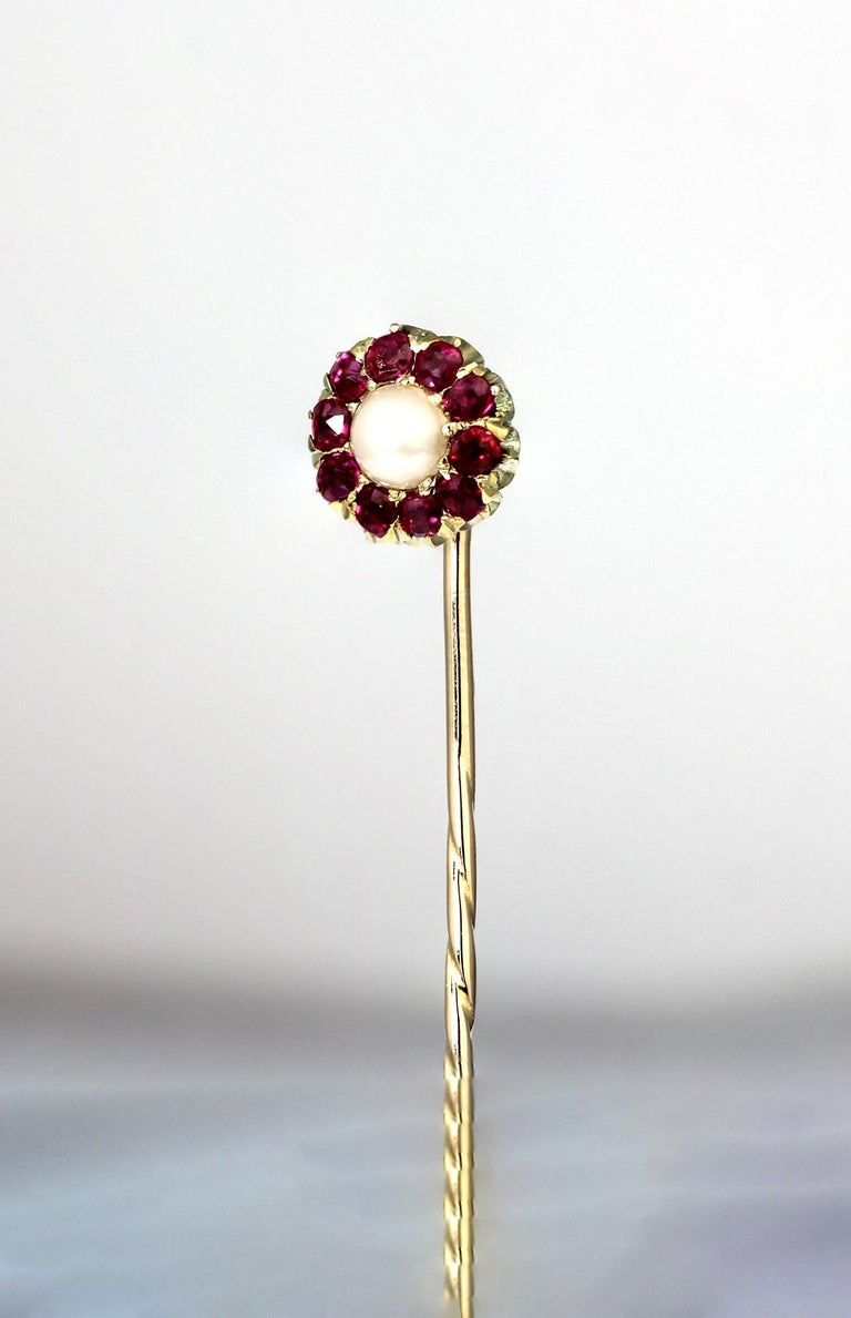 Antique Pearl and Ruby Stick Pin/Tie Pin in 9 Carat Yellow Gold at 1stDibs