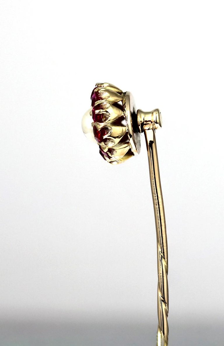 Antique Pearl and Ruby Stick Pin/Tie Pin in 9 Carat Yellow Gold at 1stDibs