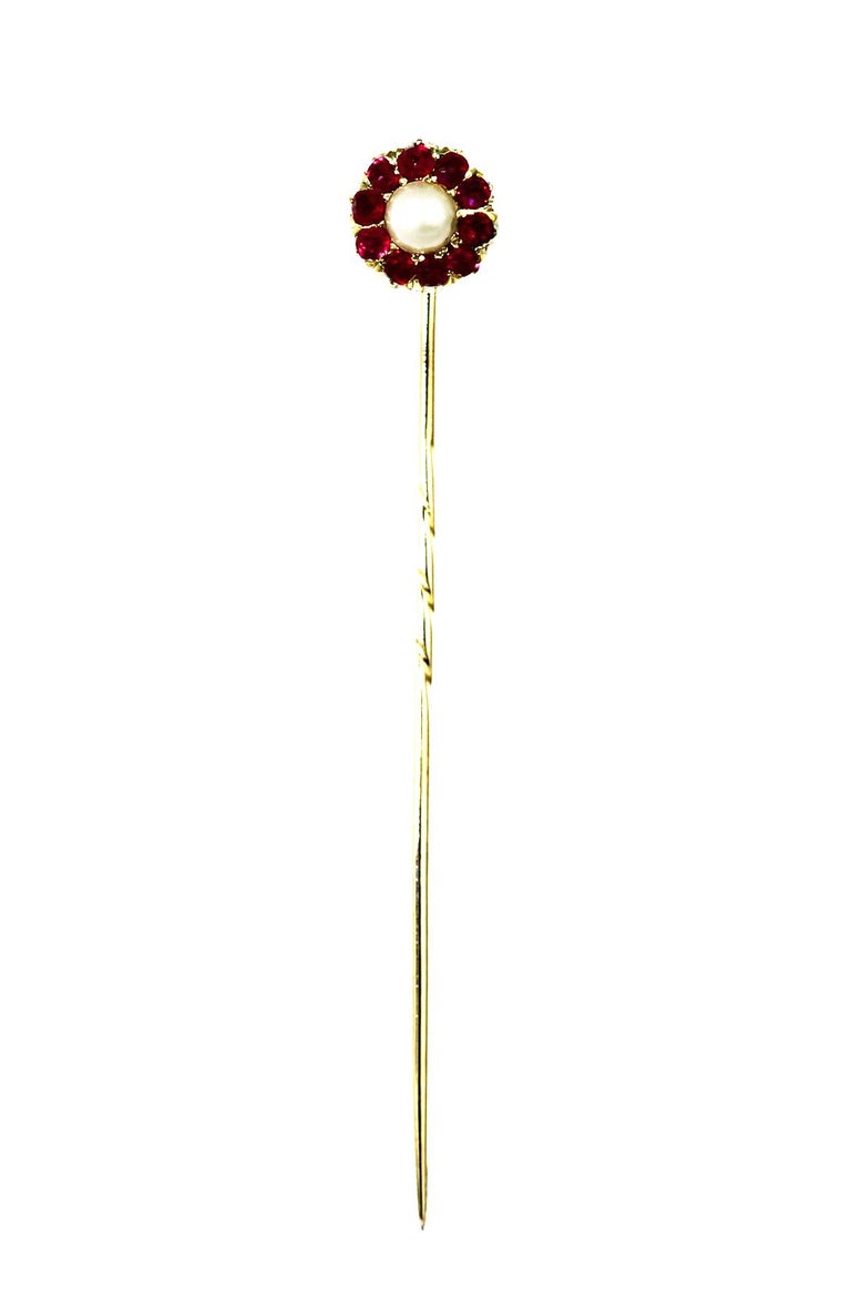 Antique Pearl and Ruby Stick Pin/Tie Pin in 9 Carat Yellow Gold at 1stDibs