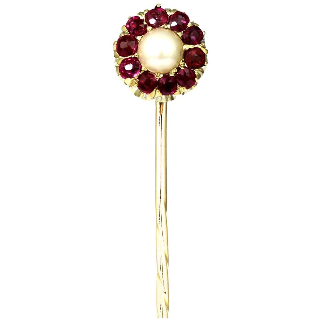 Antique Pearl and Ruby Stick Pin/Tie Pin in 9 Carat Yellow Gold at ...