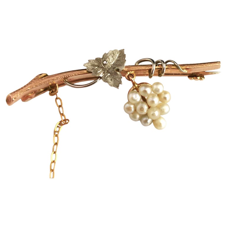 Antique Pearl Grapes Tremblant Brooch, 15k Gold and Silver at 1stDibs