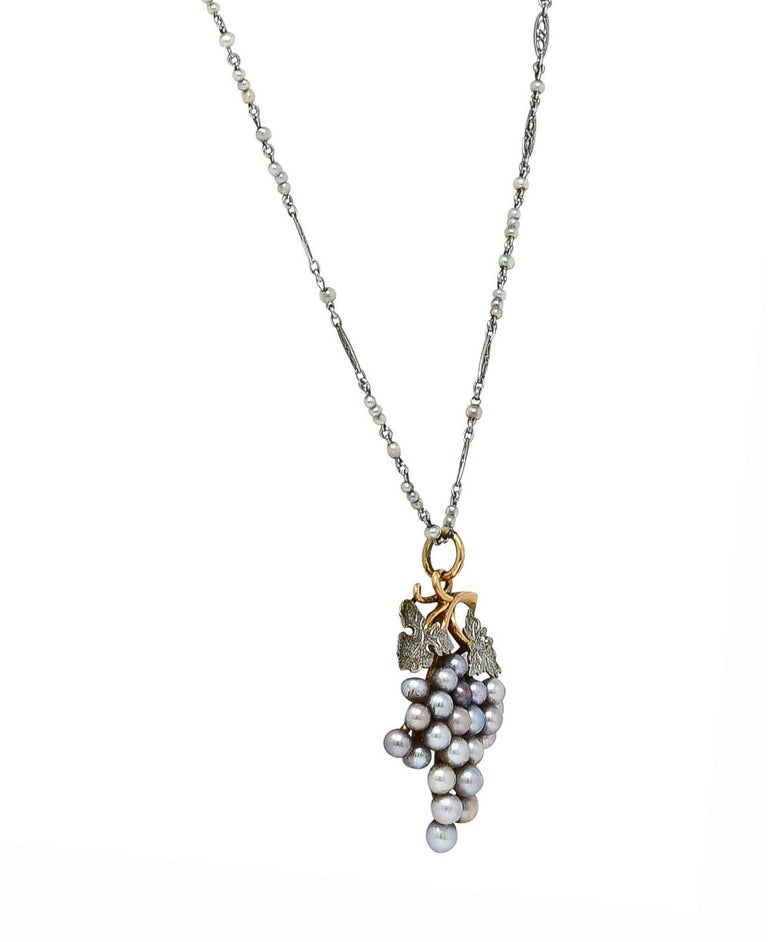 Antique Pearl Platinum 18 Karat Yellow Gold Grape Vine Pendant Necklace ...