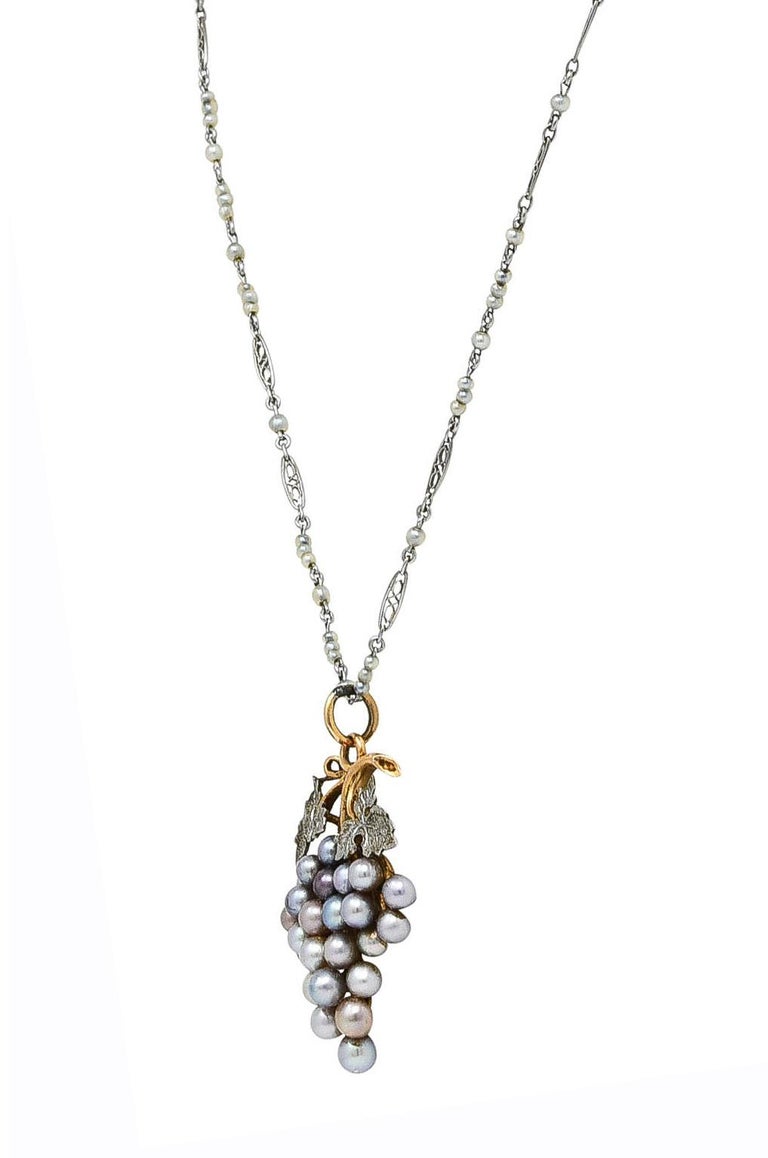 Antique Pearl Platinum 18 Karat Yellow Gold Grape Vine Pendant Necklace ...
