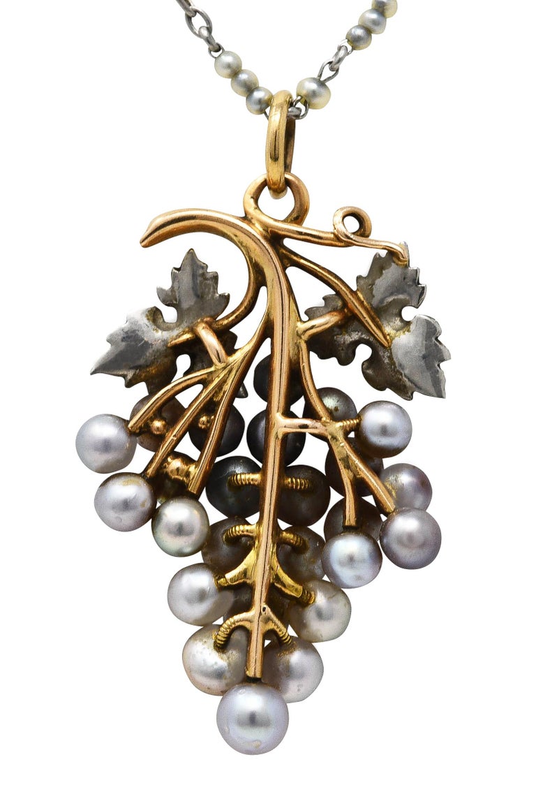Antique Pearl Platinum 18 Karat Yellow Gold Grape Vine Pendant Necklace ...