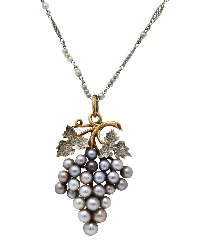Antique Pearl Platinum 18 Karat Yellow Gold Grape Vine Pendant Necklace ...