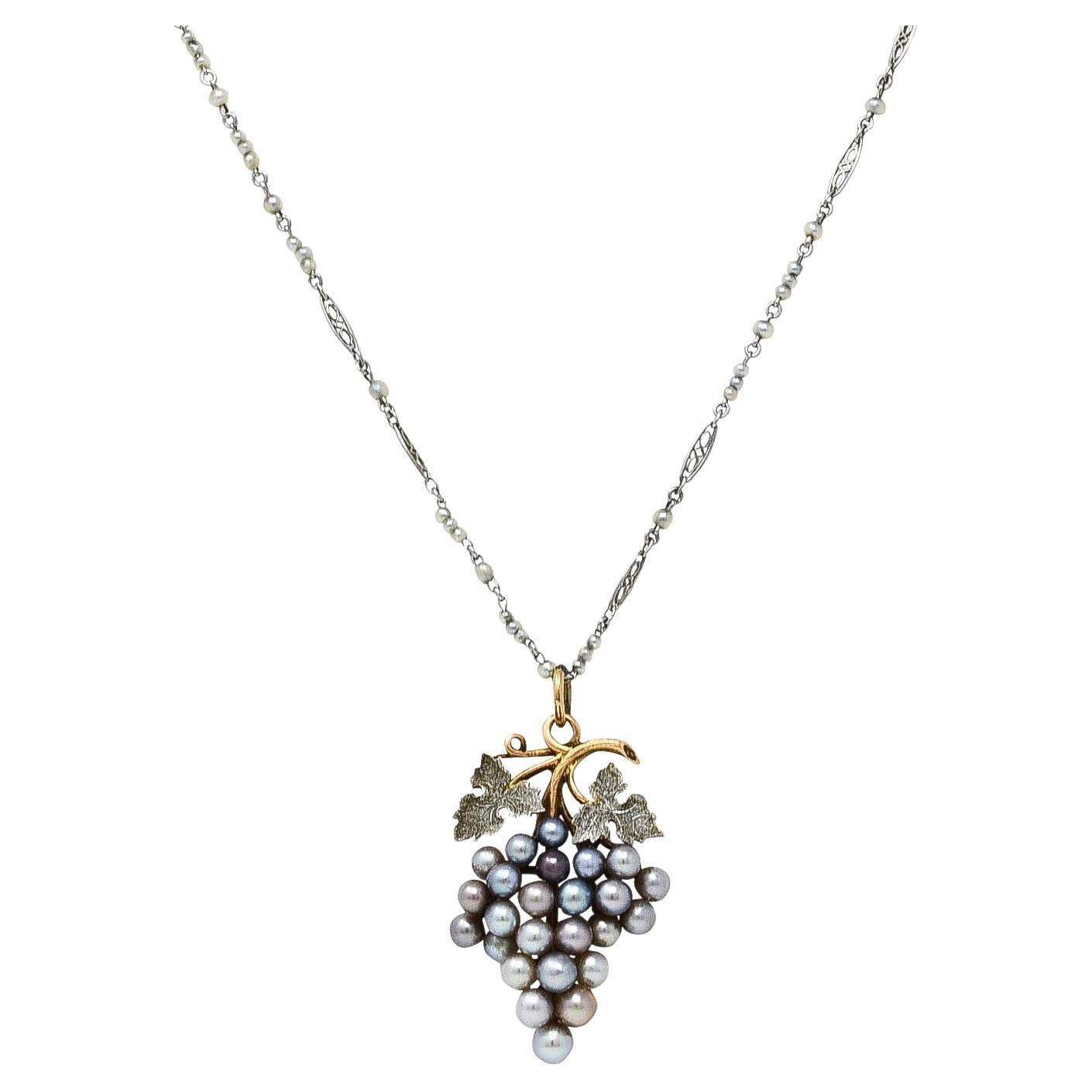 Art Nouveau Pearl Grape Cluster Vine Enamel Pendant Necklace Antique ...