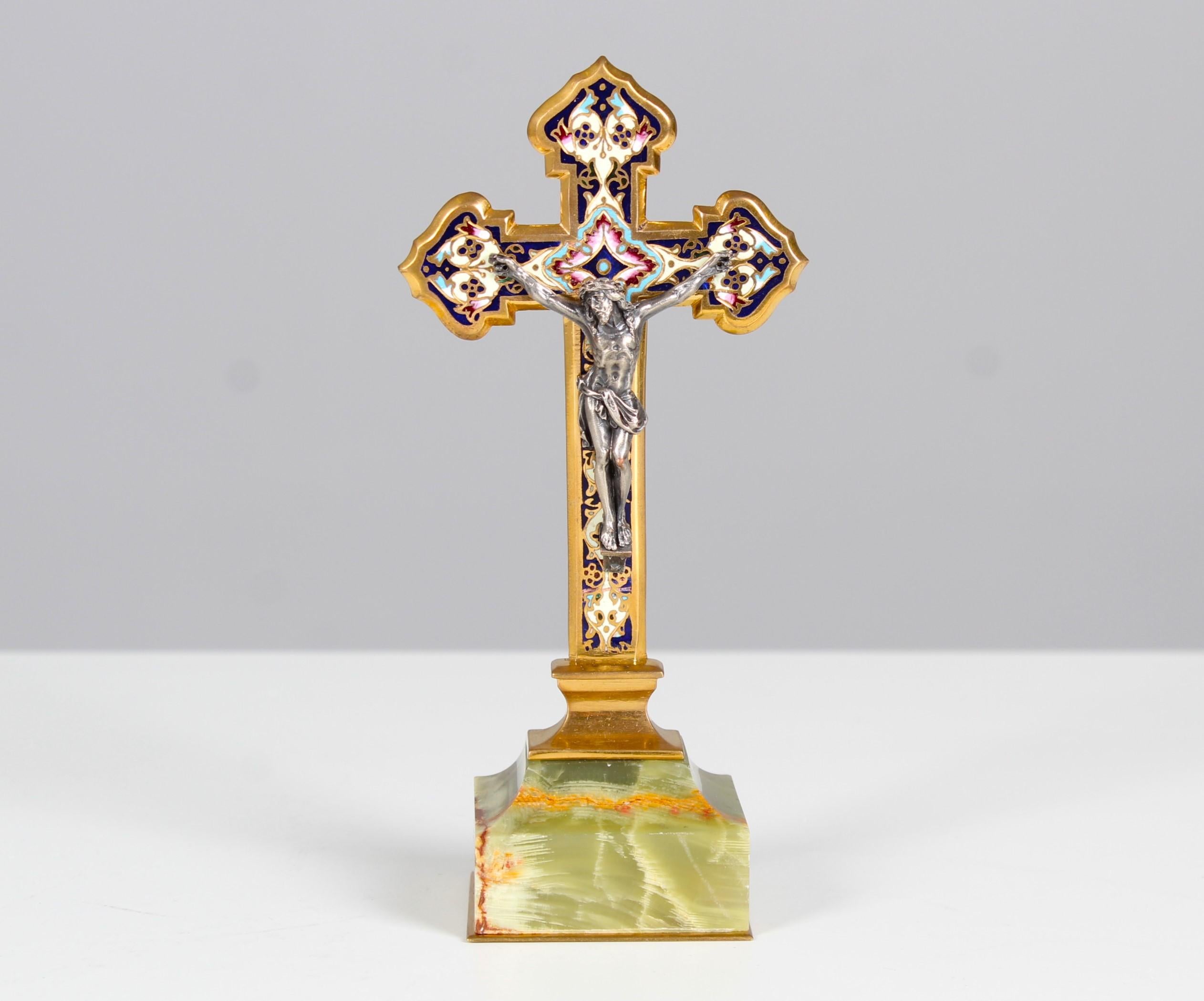 Antique Pedestal Cross, Enameled Brass on Marble Base, Silver Plated ...