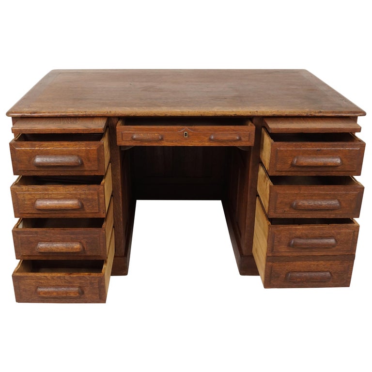 Antique Pedestal Desk, Tiger Oak Raised Panel Flat Top Desk, America ...