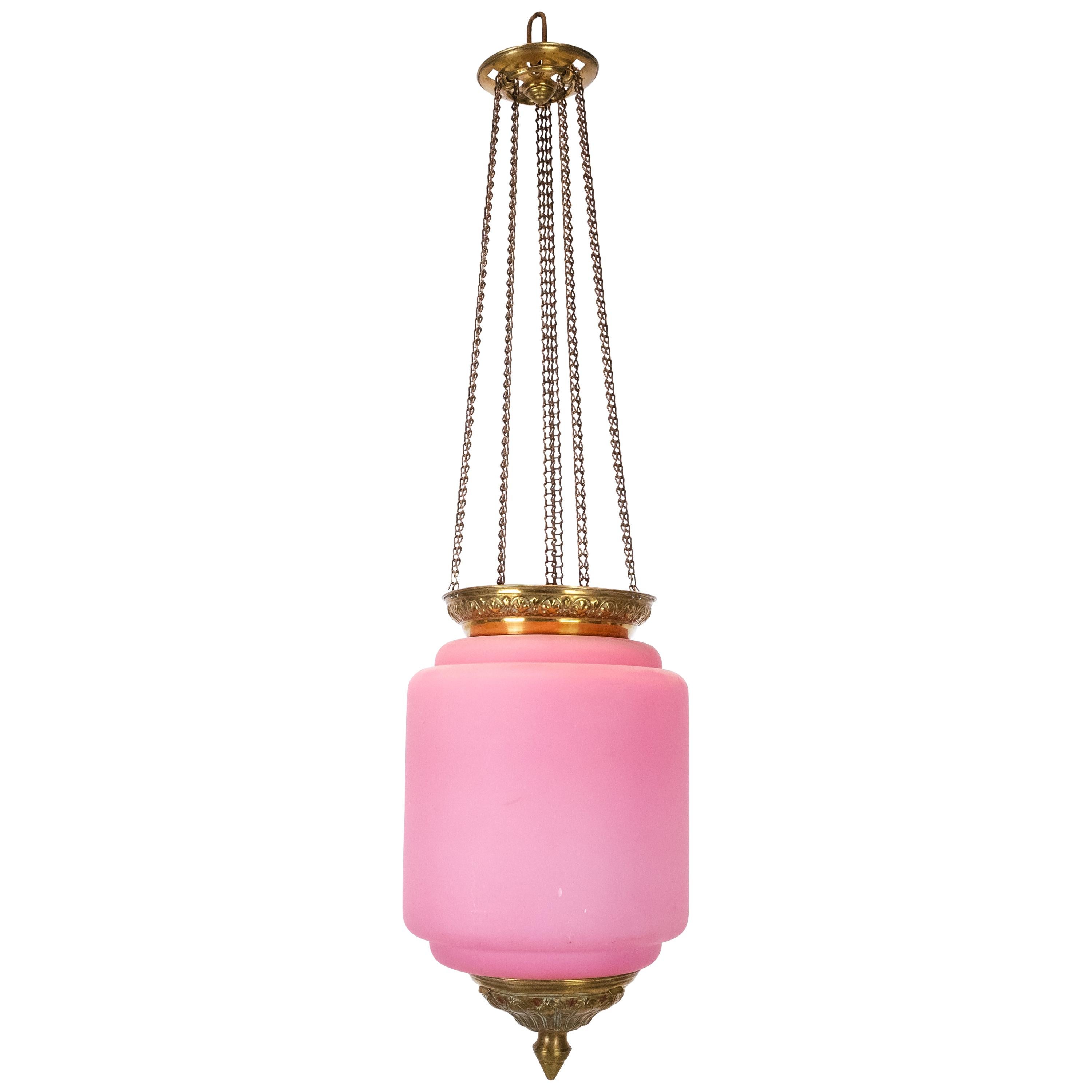 Antique Pendant of Pink Opaline Glass with Brass Edge and Suspension ...