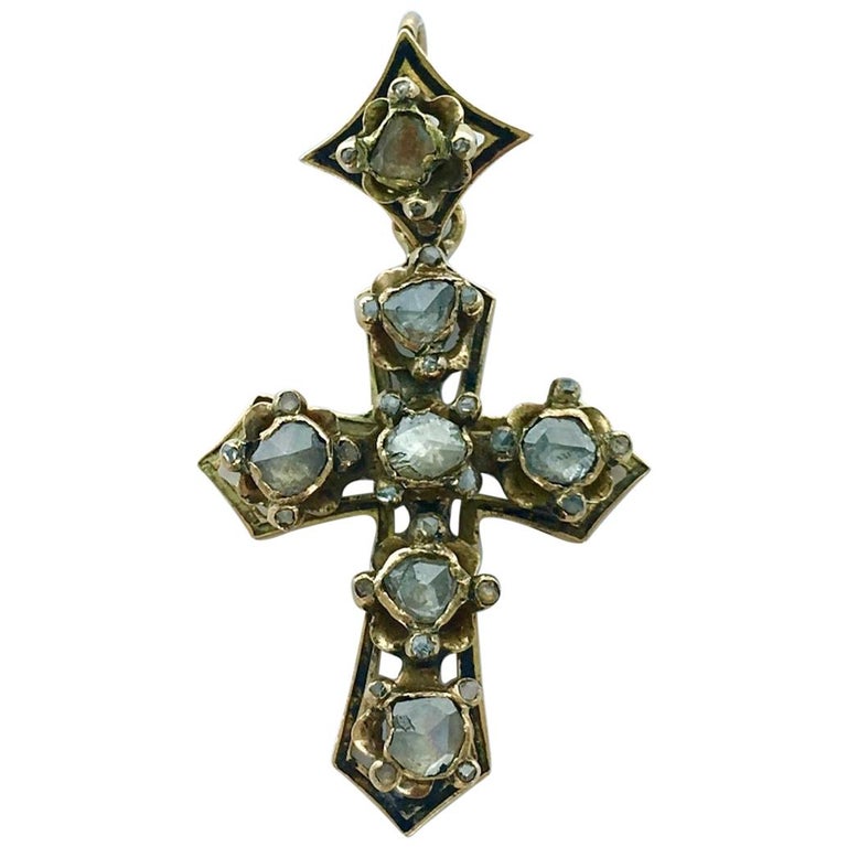 Antique Pendant Cross Rose Cut Diamond Black Lacquer Yellow Gold ...