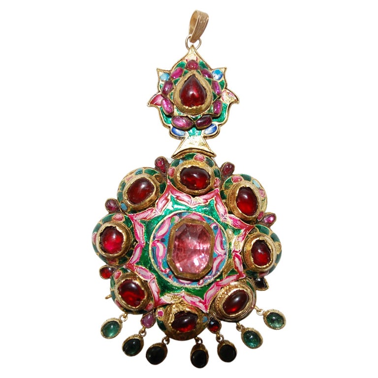 Antique Persian 22k Gold Qajar Enameled Gem Set Pendant For Sale at 1stDibs