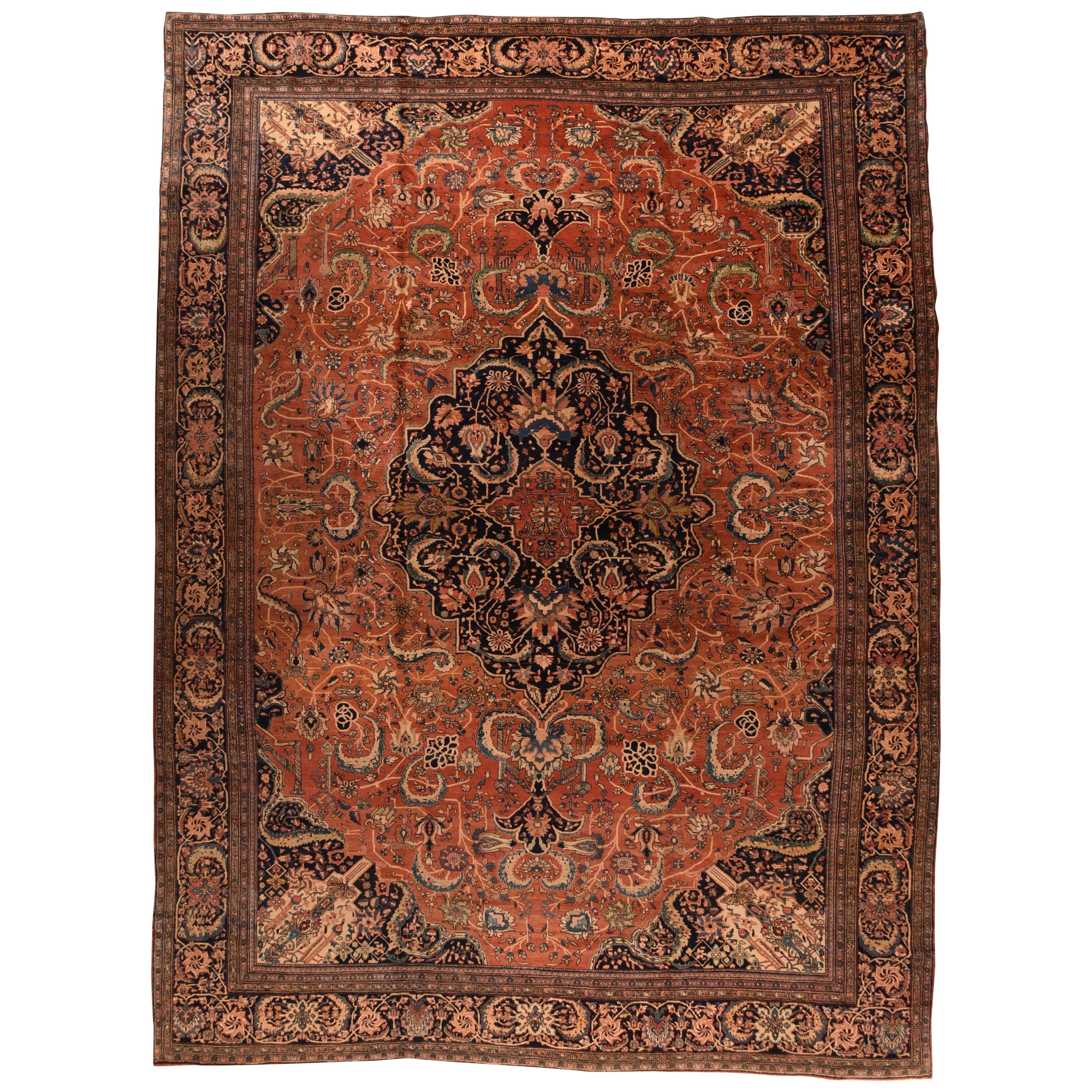 Antique Blue Sarouk Farahan Persian Handmade Wool Rug For Sale at 1stDibs